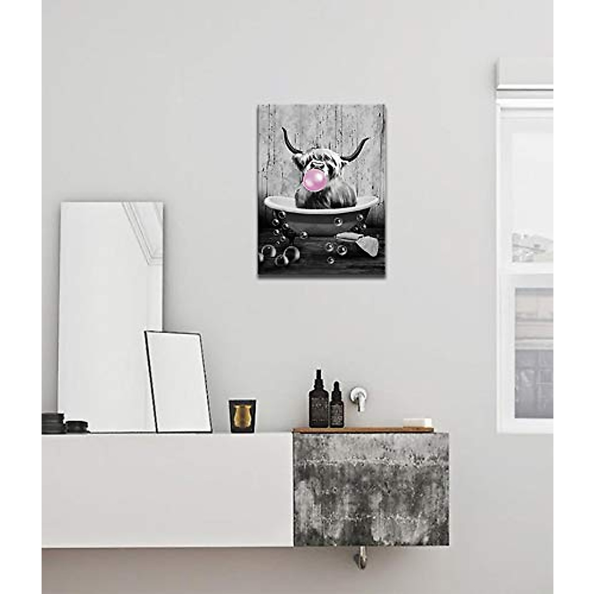 KALAWA Highland Cow Bathroom Pictures Wall Decor Funny Black and White Bathroom Decor Wall Art Pink Bubble Canvas Wall Art Home Decor for Bathroom Bedroom Framed Ready to Hang 12x16 Inch