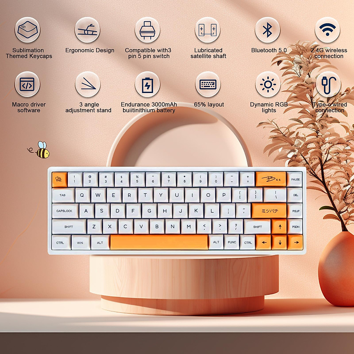 BOYI WK68 Wireless Mechanical Keyboard,65% Hot Swap BT5.0/2.4G/Wired Type-C Tri-Mode RGB Gaming Keyboard,PBT Sublimation XDA Keycaps Keyboard for Mac/Win(Honey Milk Color,Gateron Yellow Switch)