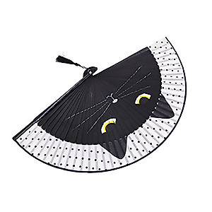 Amajiji Women Lovely Black Cat Folding Silk Fan Handheld Fan for Wedding, Dancing, Church, Party, Gifts (Black)