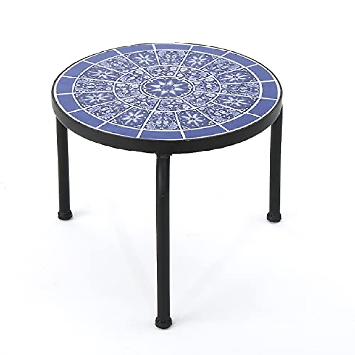 Christopher Knight Home Slate Outdoor Ceramic Tile Side Table with Iron Frame, Blue / White