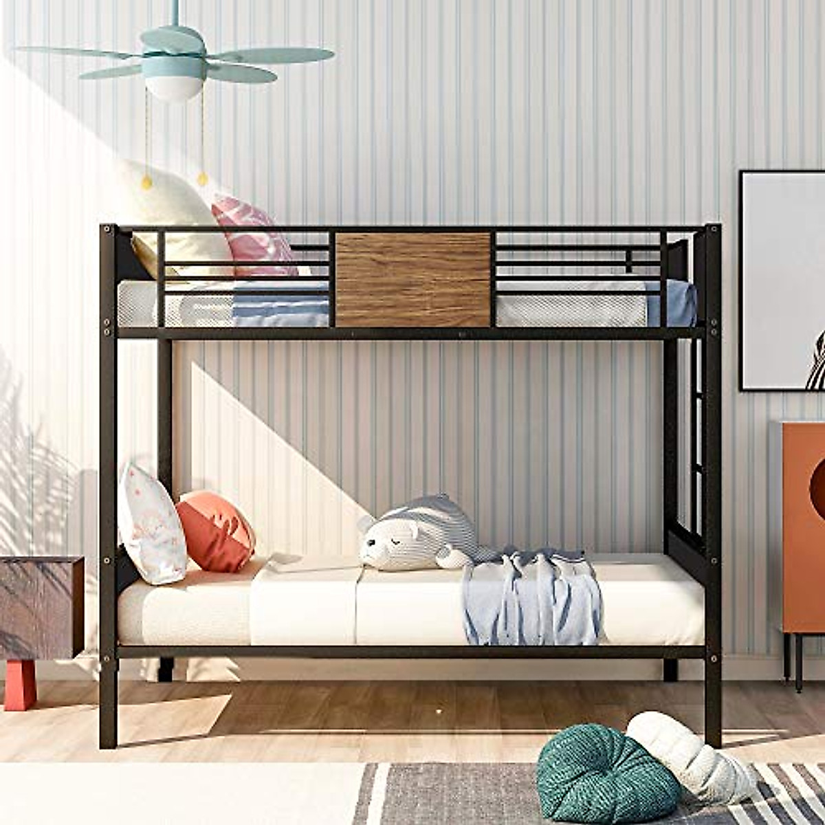 Full Over Full Bunk Bed, Metal Bunk Bed Frame, Sturdy Steel Bed Frame, Modern Style Bunk Beds for Kids, Toddlers, Teens, Adults, Bedroom, Dorm, Black