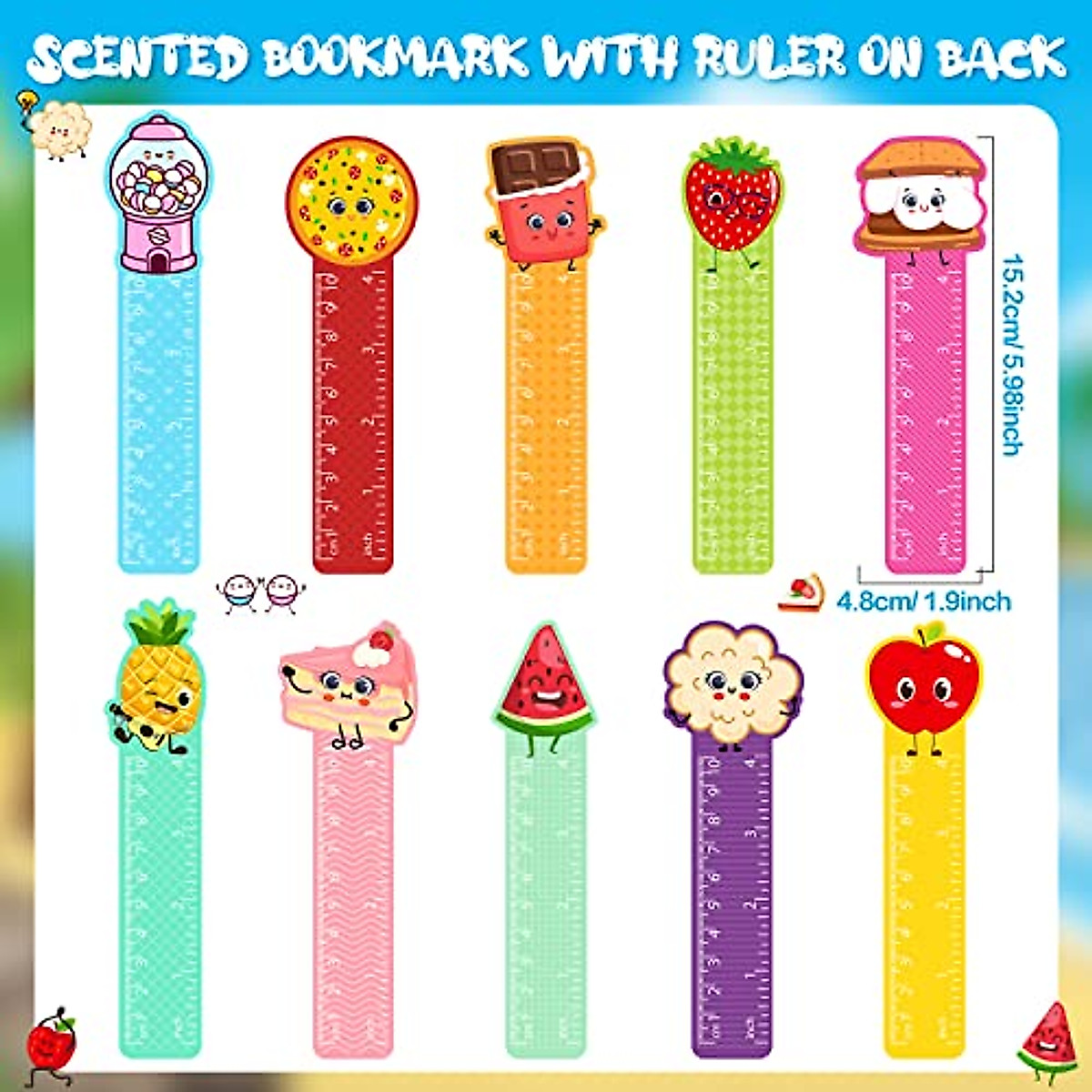 30 Pieces Scented Bookmarks Ruler for Kids Scratch and Sniff Bookmarks Fruit Food Theme Bookmarks Assorted Scented Bookmarks Cute Bookmarks for Teacher Prizes Book Markers Students, 10 Styles