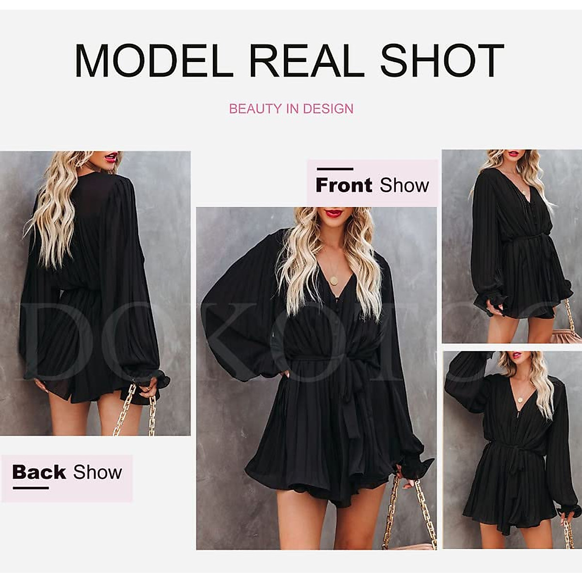 Dokotoo Womens Summer Spring Romper Ladies Elegant Plain Sexy V Neck Flared Long Sleeve Waist Tiet Pleated Drape Rompers and Jumpsuits for Women Dressy Black X-Large