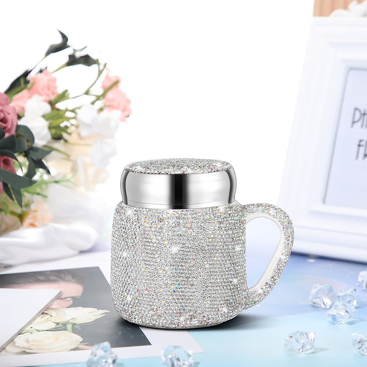 Meanplan Bling Rhinestone Coffee Mug for Christmas Gift Bling Water Bottle Rhinestone Ceramic Portable Travel Cup Crystal Coffee Cup with Lid and Handle for Women Office Home 13.5 oz (White)