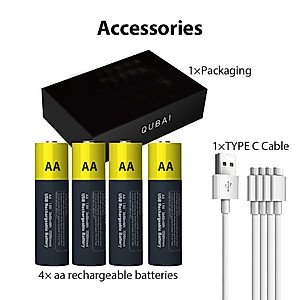 QUBAI Type-C Lithium Rechargeable Batteries AA, 1.5V USB Li-Ion AA Battery, Rechargeable, 2600mWh with Type C Charging Cable, Quick Charge in 2 Hours, (Pack of 4) (4AA)
