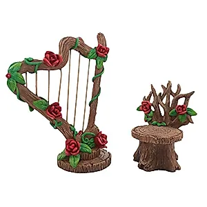 Miniature Rose Harp and Chair Set for The Fairy Garden - Miniature Garden Accessory for The Fairy Figurines by GlitZGlam