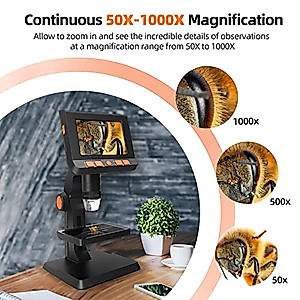 Digital Coin Microscope 4.3 inch Screen Handheld Microscope 1080p LCD Digital Microscope Video Camera 1000X Coin Magnifier with 8 Adjustable LED Lights for PCB Soldering for Adults/Kids Outside Use.