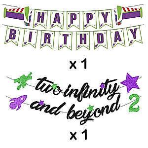 HEETON Two Infinity and Beyond Banner and Buzz Cake Topper Light year Toy Inspired Story 2nd Birthday Balloons Party Supplies Decoration Photo Prop for Girl Boy Baby Bday