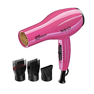 RED by KISS 2000 Ceramic Hair Dryer, Professional Salon Blow Dryer, 2 Detangler Pik Attachments, Tourmaline Technology, 3 Heat Settings, Easy Storage Loop (Pink)