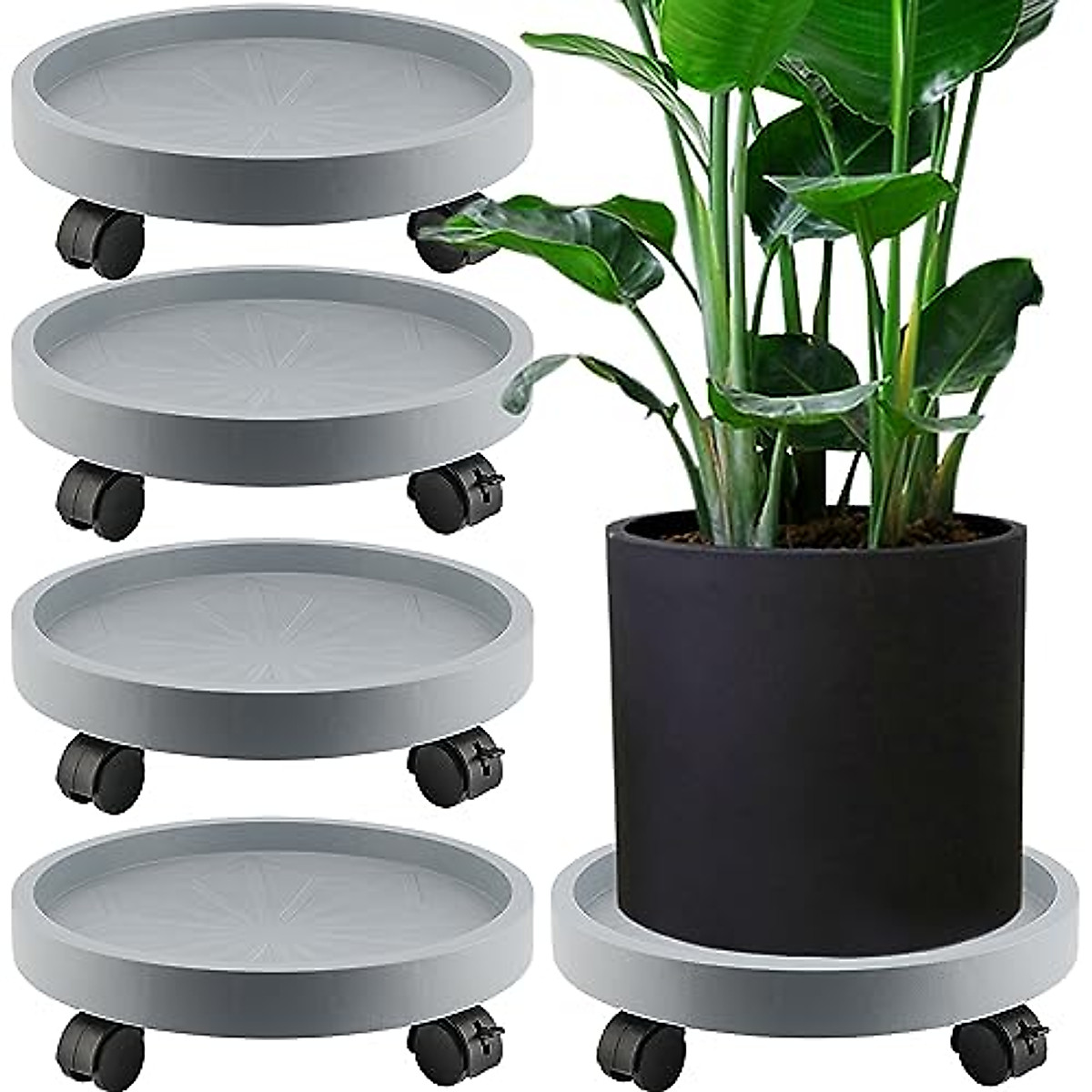 JOIKIT 4 Pack 13 Inch Round Plant Caddy with 4 Lockable Wheels, 132 Lbs Capacity Heavy Duty Rolling Plant Stand, Wheeled Planter Saucer Tray Trolley for 11.8 Inch Planter Pot Indoor Outdoor, Grey