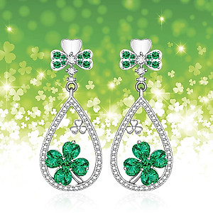 St Patricks Day Shamrock Earrings for Women Sterling Silver Studs Hypoallergenic Four Leaf Clover Green CZ Drop Dangle Earrings Jewelry Gifts