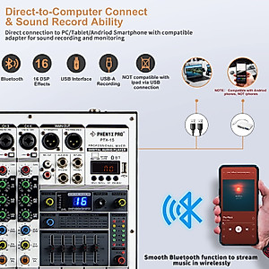 Professional Audio Mixer, Phenyx Pro Sound Mixer w/USB Audio Interface, 4-Channel Sound board Dj Mixer w/Stereo Equalizer, 16 DSP Effects, suitable for Stage, Live Gigs, and Karaoke (PTX-15)