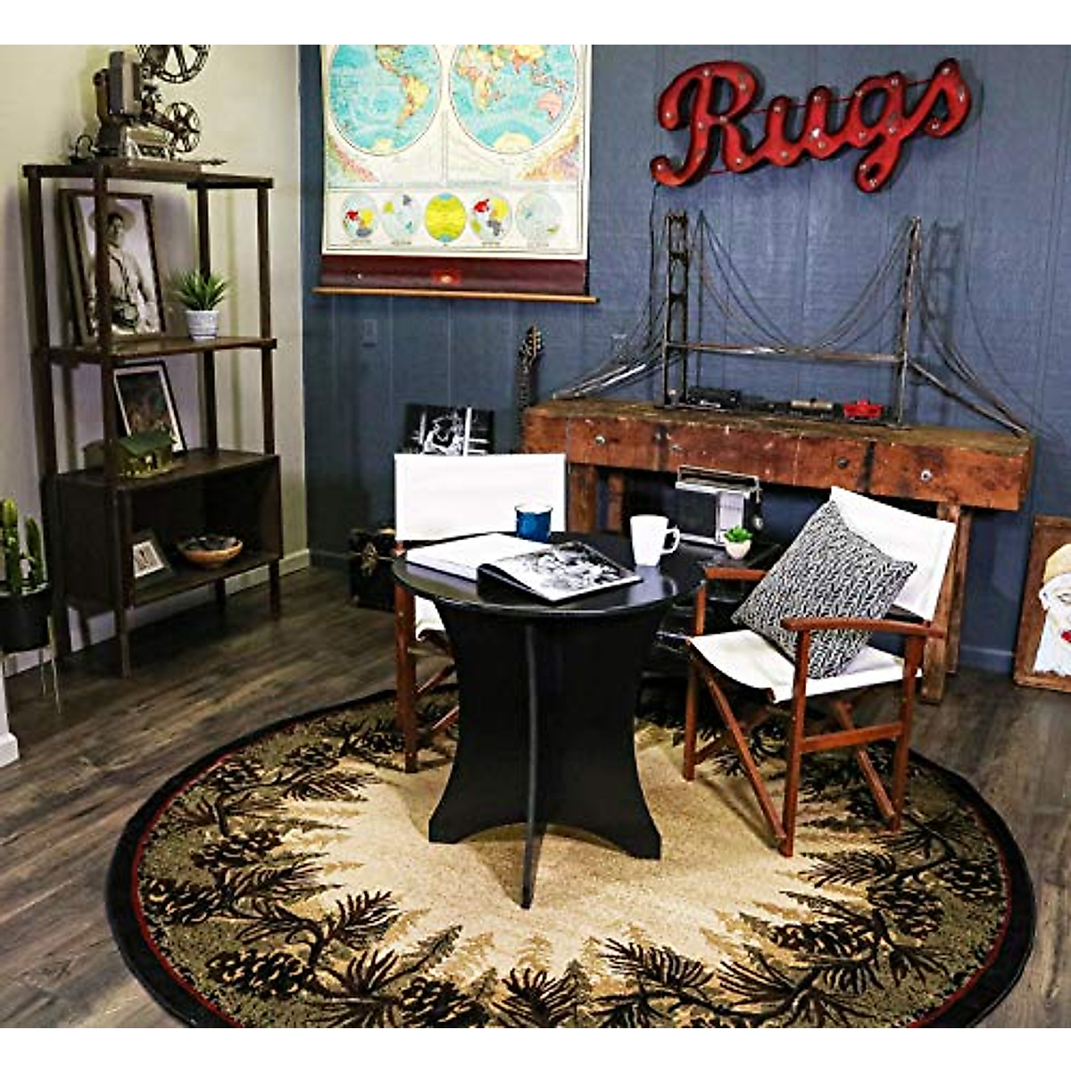 Rustic Lodge Pine Cone Border Brown 8ft Round Area Rug, 7'10x7'10