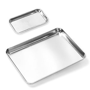 Glarks 2 Pack 304 Stainless Steel Professional Medical & Surgical Tray, 8.6" x 4.3" x 0.8" and 15.7" x 11.8" x 1.3" Flat Rectangle Tray Dental Procedure Tray for Lab Tattoo Instruments Organizer