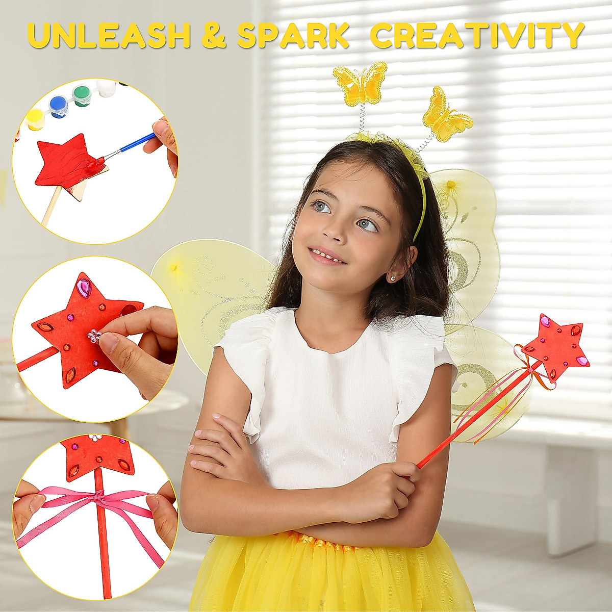 Pllieay Princess Fairy Wand Kit Includes 21 Unfinished Wooden Princess Wands Gem Stickers Ribbons and Paint, DIY Princess Wand Crafts for Princess Party Favors Fairy Birthday Party