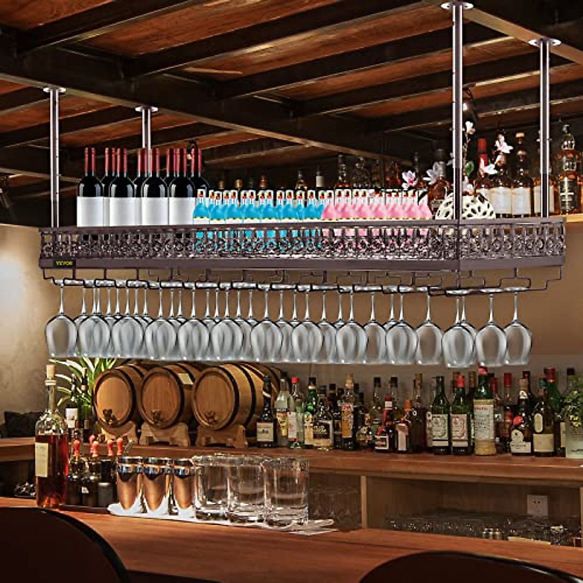VEVOR Ceiling Wine Glass Rack, 46.9 x 13 inch Hanging Wine Glass Rack, 18.9-35.8 inch Height Adjustable Hanging Wine Rack Cabinet, Coppery Wall-Mounted Wine Glass Rack Perfect for Bar Cafe Kitchen
