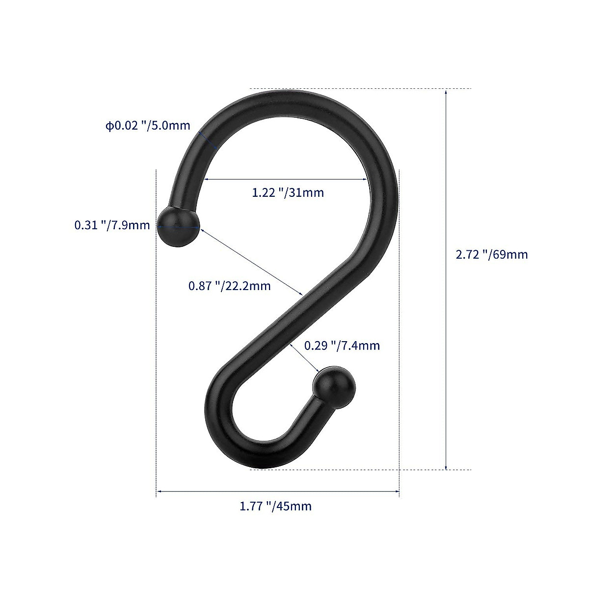 Metal Shower Curtain Hooks，Set of 12 Rings，Rust Resistant S Shaped Hooks Hangers for Shower Curtains, Kitchen Utensils, Clothing, Towels, etc. (Black)