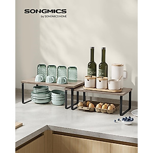 SONGMICS Cabinet Organizer Shelf, Set of 4 Kitchen Counter Shelves, Kitchen Storage, Spice Rack, Stackable, Expandable, Metal and Engineered Wood, Ink Black and Heather Greige UKCS022X02