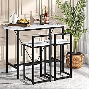 Tribesigns 3-Piece Bar Table Set, 2-Person Counter Height Dining Set, Sofa Pub Table with 2 Tools, Marble White, for Kitchen and Living Room
