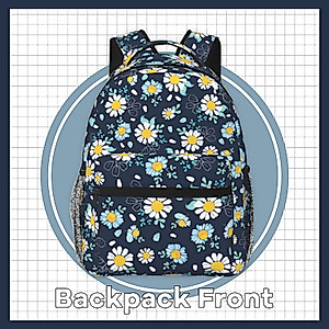 Junong 17 Inch Daisy Backpack for Women Fashion Laptop Flower Backpack Cute Travel Bag Women College Floral Backpack (Navy Blue)