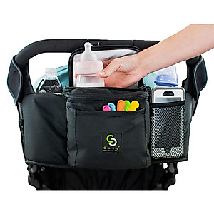 Cozy Stroller Caddy Organizer (Black, Insulated) - Everything Mom Needs on Stroller - 2 Deep Cup Holders, 3 Separate Spaces, Front Cellphone Holder, Wallets, Diapers, Milk