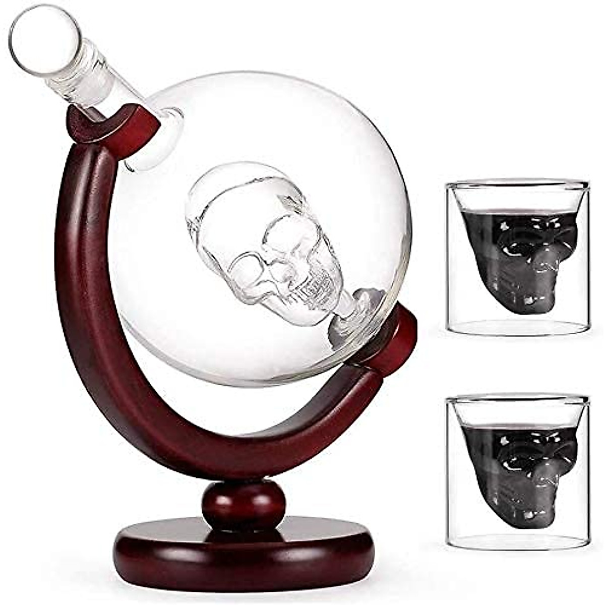 Whiskey Decanter Set whiskey gifts for men Skull Decanter, Rotating Clear Glass Globe Includes 2 Skull Shot Cups, Liquor Dispenser with Wooden Stand, Whiskey Decanter with Antique Ship
