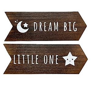 Dream Big Little One Sign - 2 Pcs Nursery Wall Decor, Moon Star Boy Girl Nursery Room Decor, Rustic Wooden Arrow Playroom Sign - Gender Neutral Woodland Decor, 14 X 5 inch, Brown
