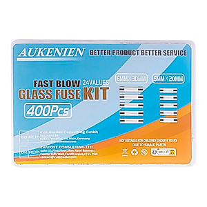AUKENIEN Fast Blow Glass Fuses Kit 24 Values 400pcs 5x20mm 0.25A 0.5A 1A 1.6A 2A 2.5A 3A 3.15A 4A 5A 6.3A 8A 10A 12A 15A 20A 250V 6x30mm 0.5A 1A 2A 3A 5A 10A 15A 20A Quick Round Fuse Tube Assortment