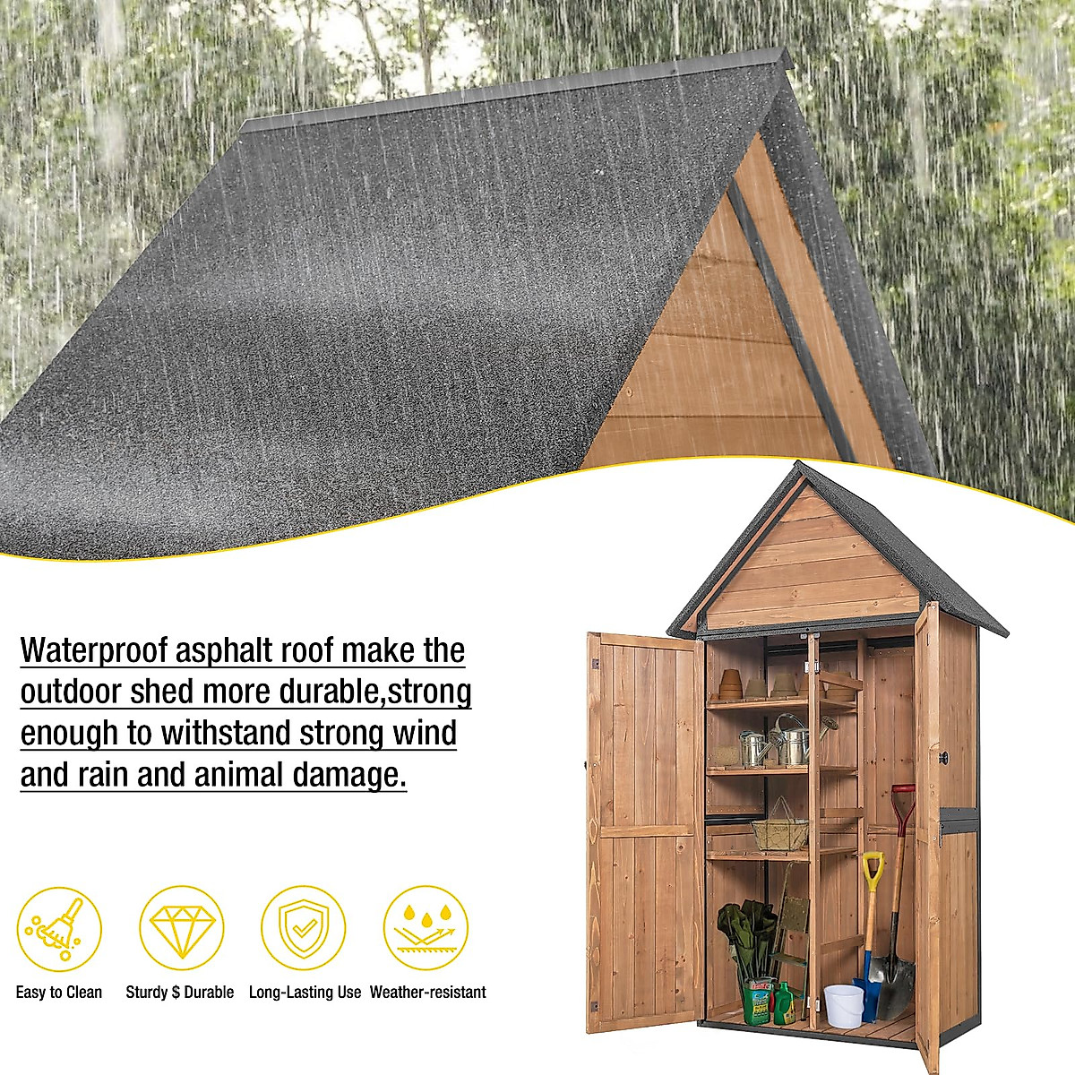 Aivituvin Shed Outdoor Storage Cabinet with All-Around Strong Metal Frame Wooden Tool House with Adjustable Shelfs and Floor,Waterproof Roof (Brown)