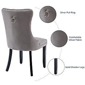 MZDOO Velvet Dining Chairs Set of 6, Tufted Upholstered Dining Room Chairs with Back Ring Pull, Nailhead Trim and Solid Wood Legs, Modern Dining Chair for Dining Room, Kitchen(Grey)