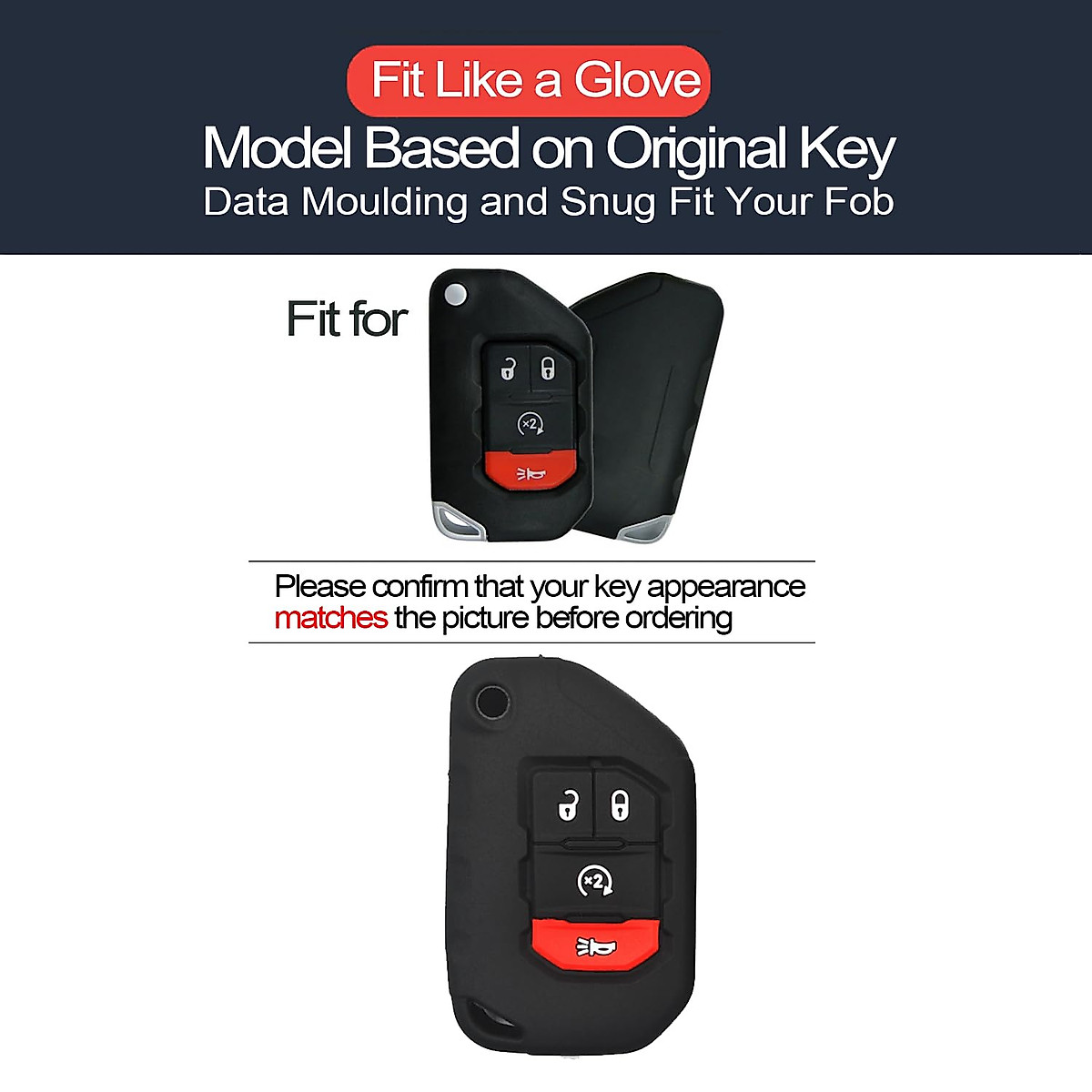 INFIPAR 2pcs Compatible with Jeep Wrangler JL Gladiator JT Wagoneer Flip 4 Buttons Black Key Fob Cover Case Key Chain Protector Keyless Remote Holder
