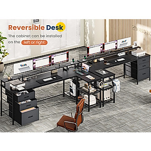 UPOSOJA L Shaped Gaming Desk with 3 Drawers, 78" Reversible Computer Desk with Power Outlet & LED Strip, Home Office Desk with Storage Shelves, Monitor Shelf, Mouse Pad Black