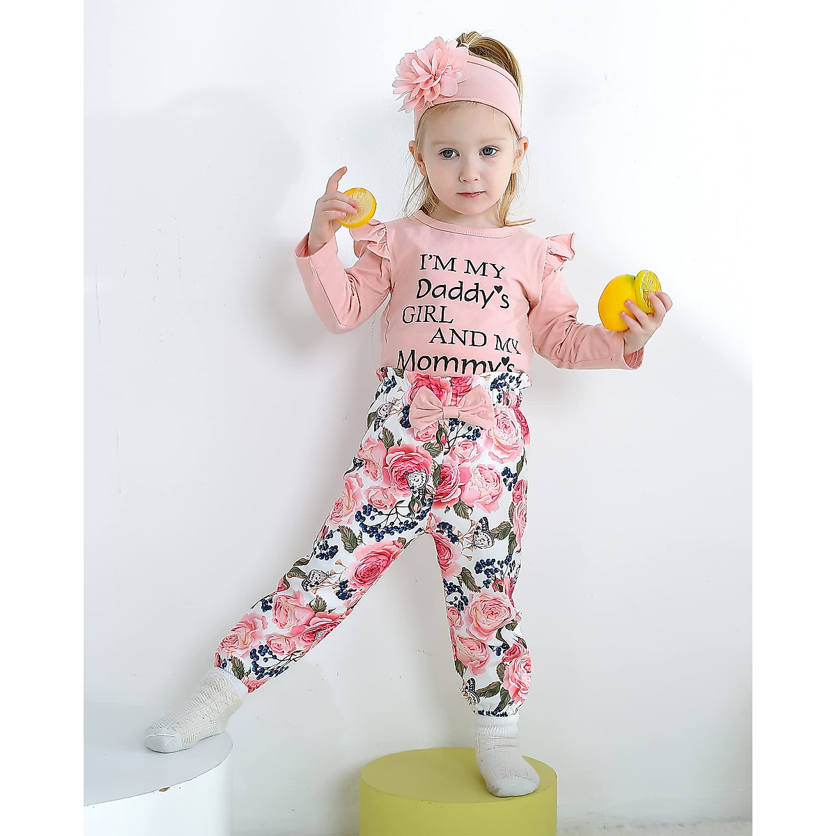 SUNNY PIGGY Baby Girl Clothes Newborn Outfit Infant Winter Fall Letter Print Flower Pants Set Long Sleeve Romper Baby Girl's Clothing with Headband 3-6 Months Pink 4PCS