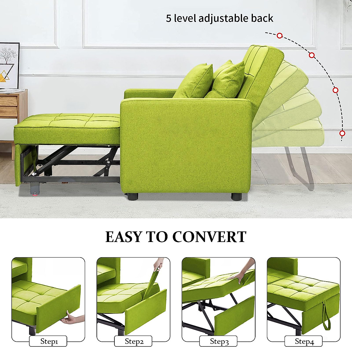 Convertible Chair Bed - Folding Sofa Bed Chair with Adjustable Backrest, 3-in-1 Multi-Functional Pull Out Sleeper Chair Bed Single Armchair Sofa Bed with Side Pocket (Green)