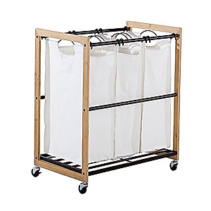 TRINITY 3-Bag Bamboo Laundry Cart, Laundry-Room Organization and Dirty Clothes Hamper with Wheels for Bedroom, Closet, Dorm Room and More, Bronze Poles