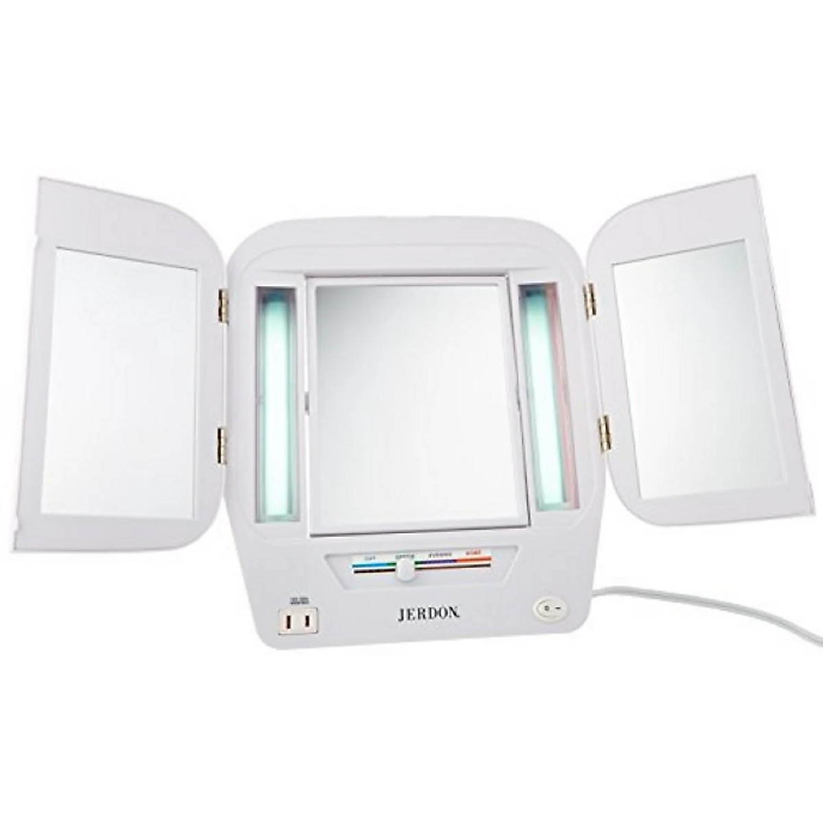 JERDON Modern Tri-Fold Makeup Mirror with Lights - Vanity Mirror with 5X Magnification & Multiple Light Settings - White Base - Model JGL10W