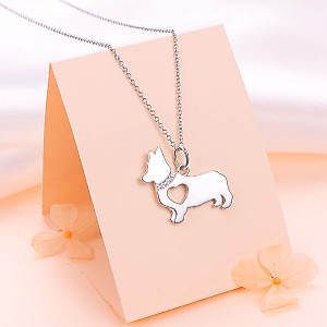 FLYOW 925 Sterling Silver Hollow Heart Corgi Dog Pendant Necklace Jewelry for Women Corgi Lover Gifts,18" (Corgi Necklace)