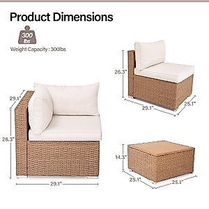LAUSAINT HOME Outdoor Patio Furniture, 7 Piece Patio Furniture Set PE Rattan Sectional Conversation Sets with Thick Cushions & Wood-Like Coffee Table for Garden, Porch(Beige/Brown Wicker)