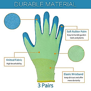 Kids Gardening Gloves, 3 Pairs Non-Slip Garden Gloves for Kids, 5 Sizes for Toddlers, Preschooler, Schoolchild, Preteen, Childrens Rubber Coated Yard Work Gloves (Size 4 (Age 7-8 Year Old))