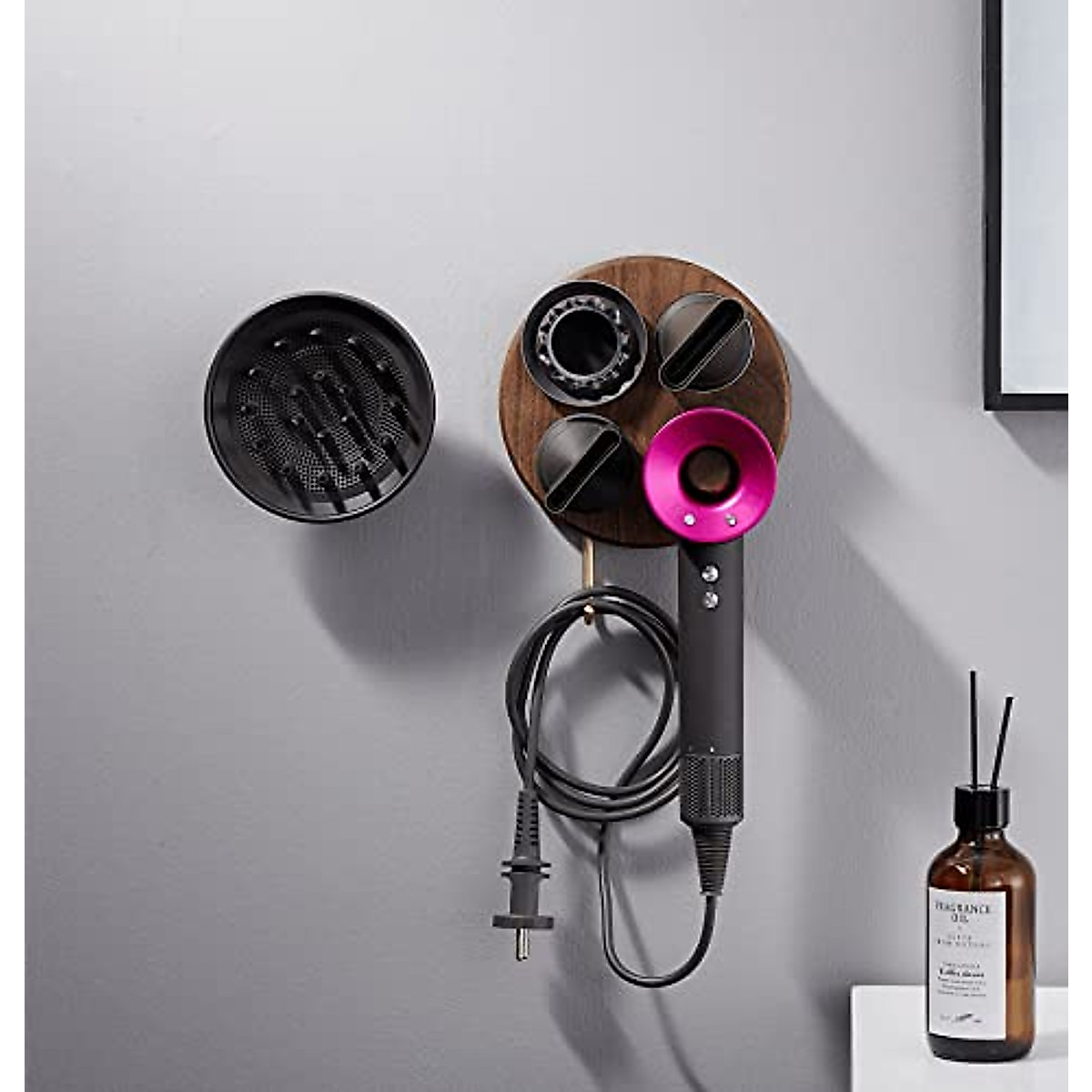 SimLiTa Wood Wall Mount Holder for Dyson Hair Dryer, Wood + Strainless Still Magnetic Wall Bracket Frame for Dyson Supersonic Hair Dryer. (Walnut)
