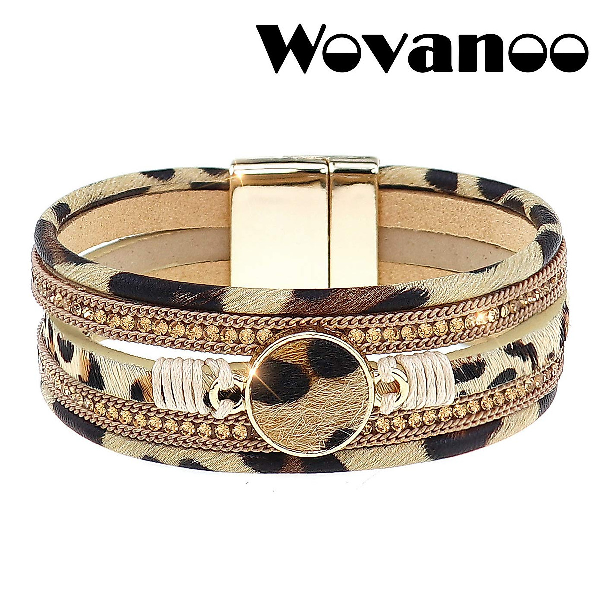 Wovanoo Leopard Leather Wrap Bracelets for Women Multilayer Cuff Bangle with Magnetic Buckle Gift for Birthday, Mother's Day, Valentine's Day Round Buckle
