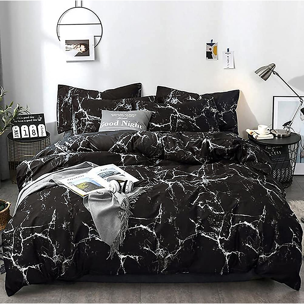 karever Black Marble Comforter Set Full/Queen White Texture Bedding Reversible Teen Boy Men Full Size Soft Lightweight Quilt Set, 3 PCs( 1 Comforter, 2 Pillowcases)