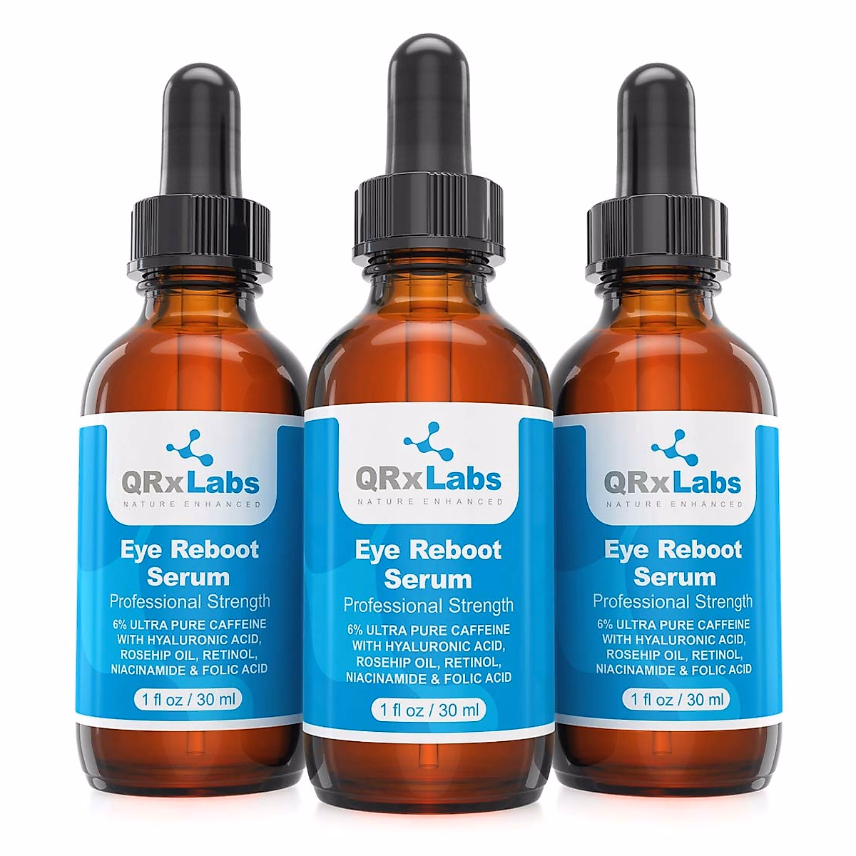 Eye Reboot Serum with 6% Caffeine, Hyaluronic Acid, Rosehip Oil, Retinol, Niacinamide & Folic Acid - Reduces Puffiness, Dark Circles, Crow Feet, Wrinkles and Fine Lines Around The Eyes - 1 oz / 30 ml