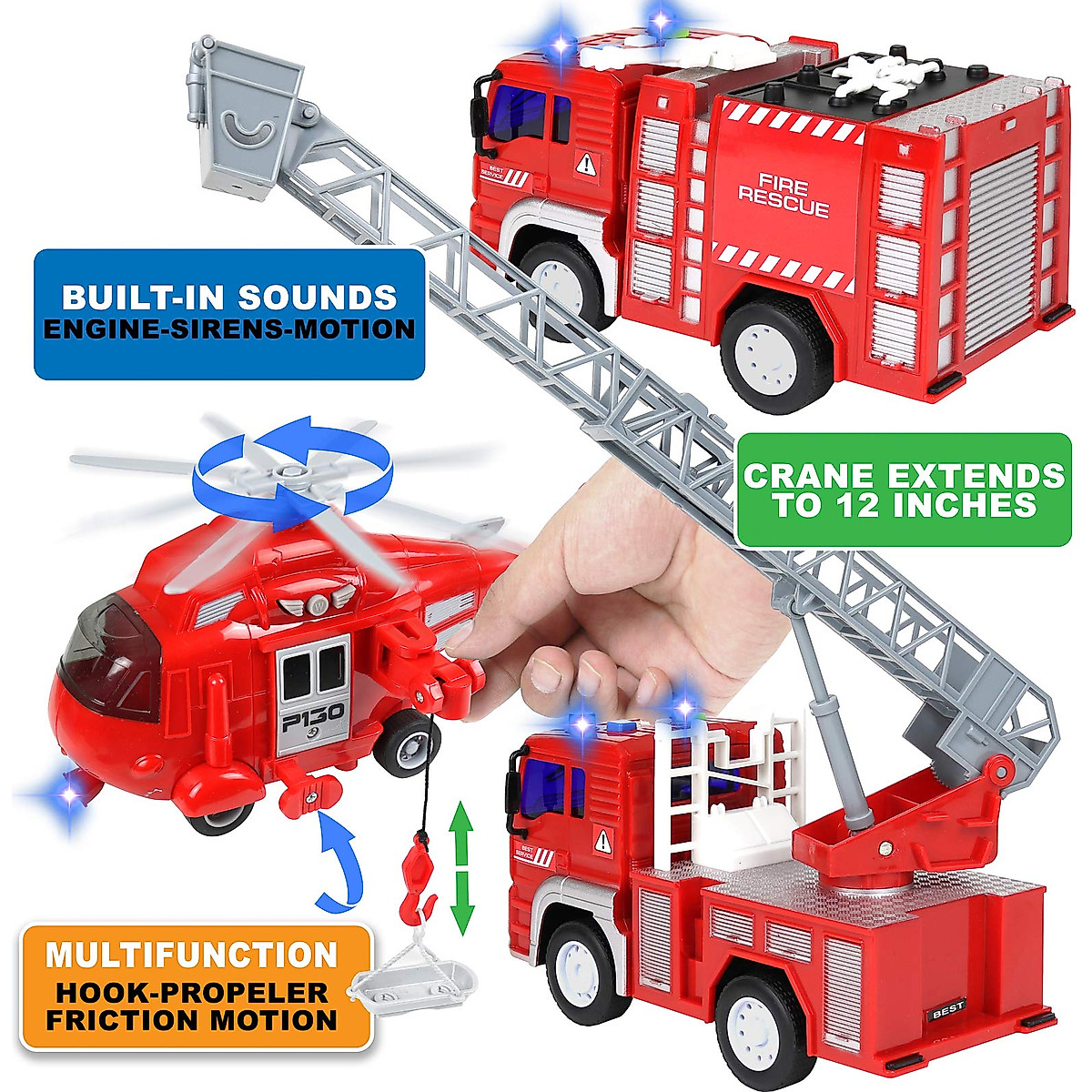 TeganPlay Fire Truck 3 Pack Friction Powered Fire Rescue Vehicle Car Set with Lights and Sounds Including Helicopter, Firefighter and Fire Engine Toys for Boys Toddlers