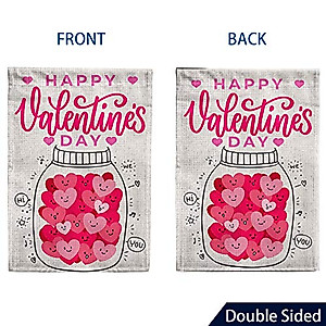 PAMBO Happy Valentines Day Garden Flag 12x18 Double Sided Burlap Hearts & Bottle Flags for Valentine Day Garden Yard Outdoor Decoration