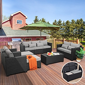 Rattaner Patio Furniture Sets 7 Pieces Outdoor Furniture Sectional Patio Couches Set Storage Table Non-slip Grey Cushions and Waterproof Covers