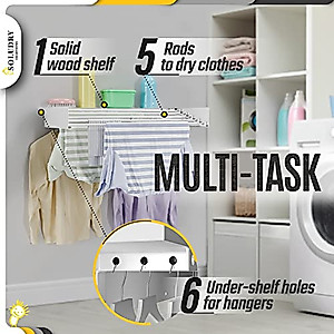 SOLUDRY Clothes Drying Rack Wall Mounted - 3-in-1 w/Shelf & Hanger Slots - Collapsible, Space Saving, Laundry Rack -Easy to Install Load Bearing 55 lb Drying Capacity - 31.5” Length x 5.9” Deep, White