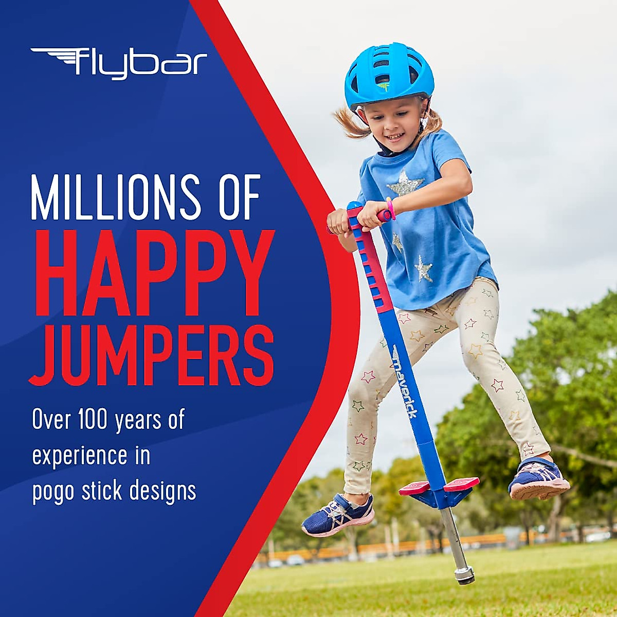 Flybar Maverick Pogo Stick for Kids Ages 5+, 40 to 80 Pounds, Perfect for Beginners, Easy Grip Handles, Anti-Slip Pegs, Outdoor Toys for Boys, Jumper Toys for Girls, Outside Toys for Kids (Red/Blue)