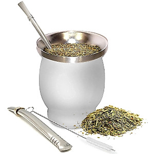 Norte White & Green Yerba Mate Natural Gourd/Tea Cup Set Bundle (Original Traditional Mate Cup - 8 Ounces) | Includes Bombillas (Yerba Mate Straws) & Cleaning Brush | Stainless Steel | Double-Walled