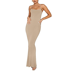 REORIA Women's Sexy Casual Lounge Slip Long Dress Elegant Wedding Guest Sleeveless Backless Ribbed Bodycon Maxi Dresses Khaki X-Large